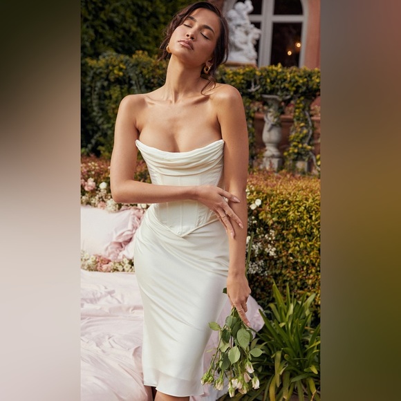 House of CB | Dresses | House Of Cb Siennaivory Satin Strapless Corset Midi Dress | Poshmark